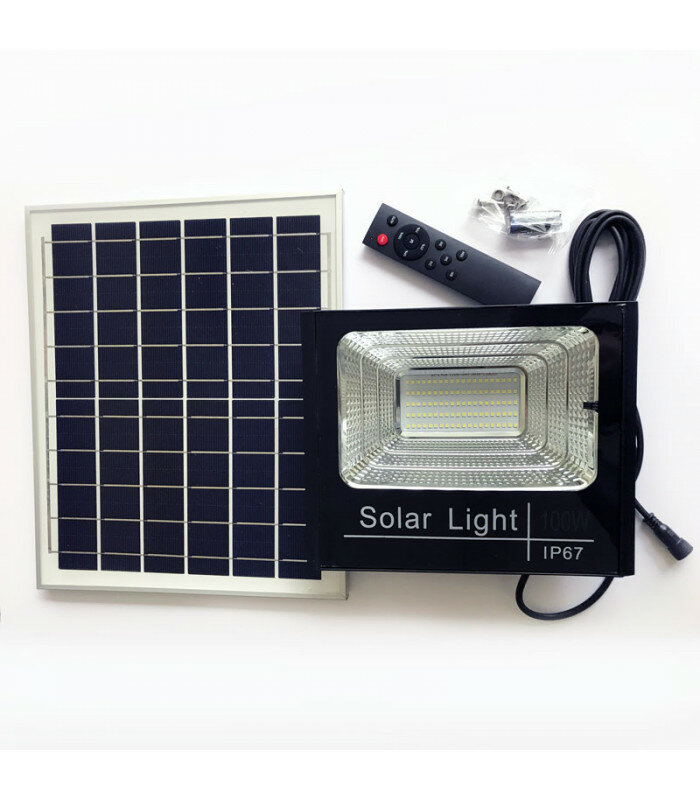 Светодиодный прожектор на солнечной батарее, 100 Вт, цвет свечения Холодный белый.