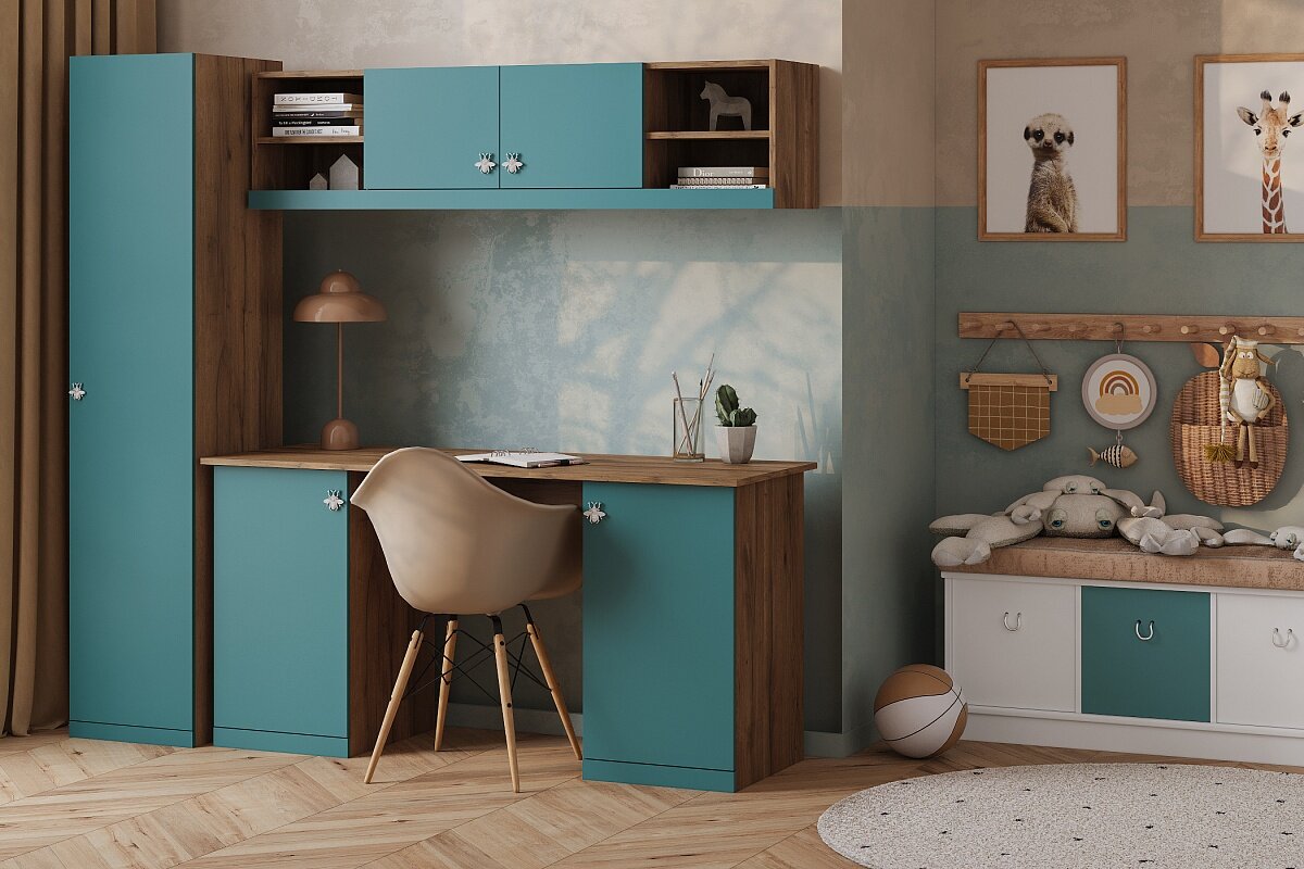 Детская стенка МебельЛэнд24 Скарабей - 11 МДФ Аквамарин 195x60x210 синий со шкафом со столом