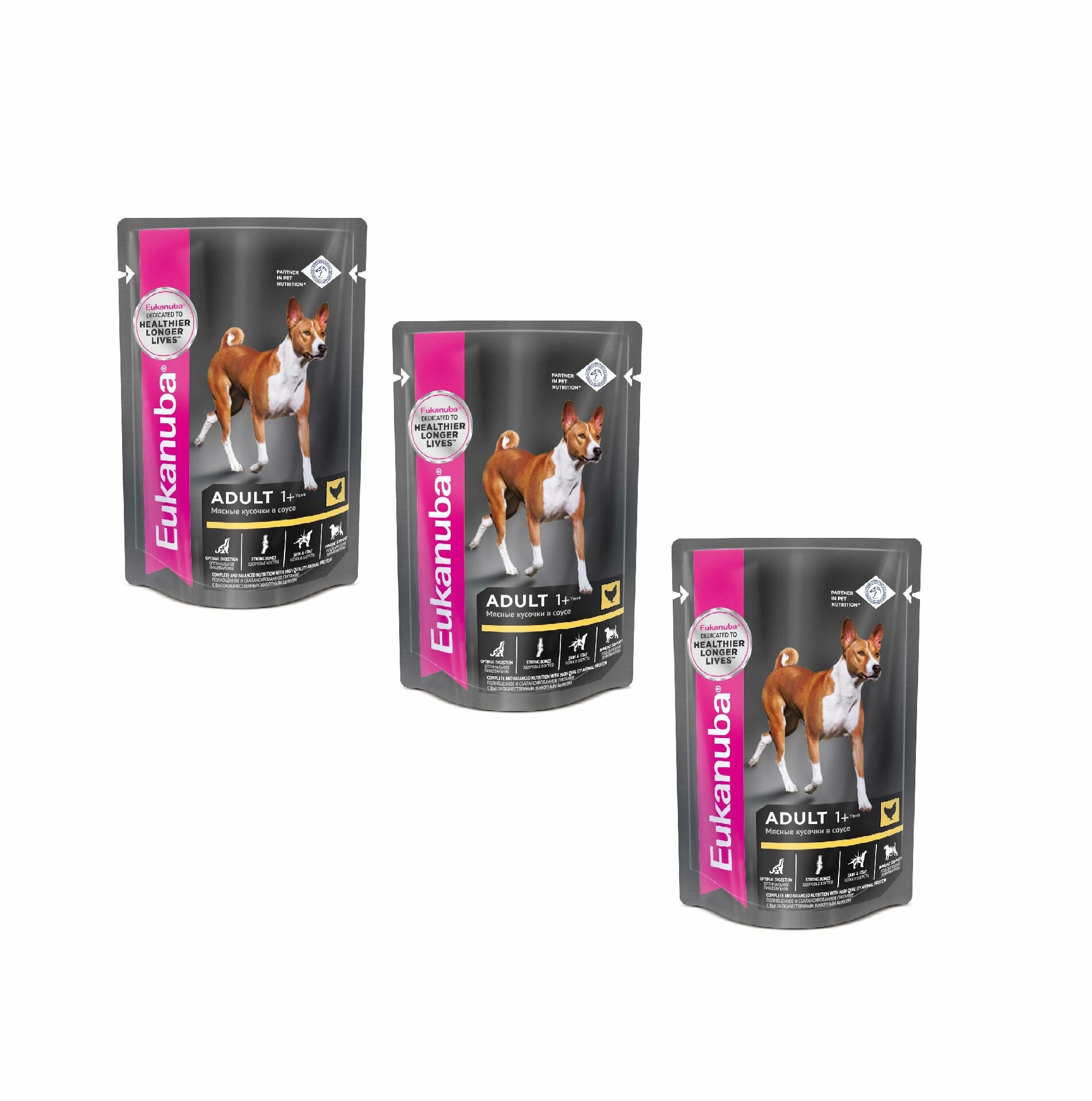 Eukanuba ADULT ALL BREED CHICKEN пауч влажный корм для взрослых собак всех пород, курица в соусе, 100 гр, 3 уп
