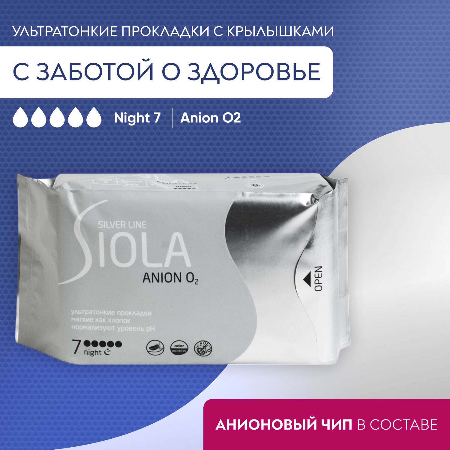Прокладки гигиенические ночные Siola Silver line Anion O2, 7шт
