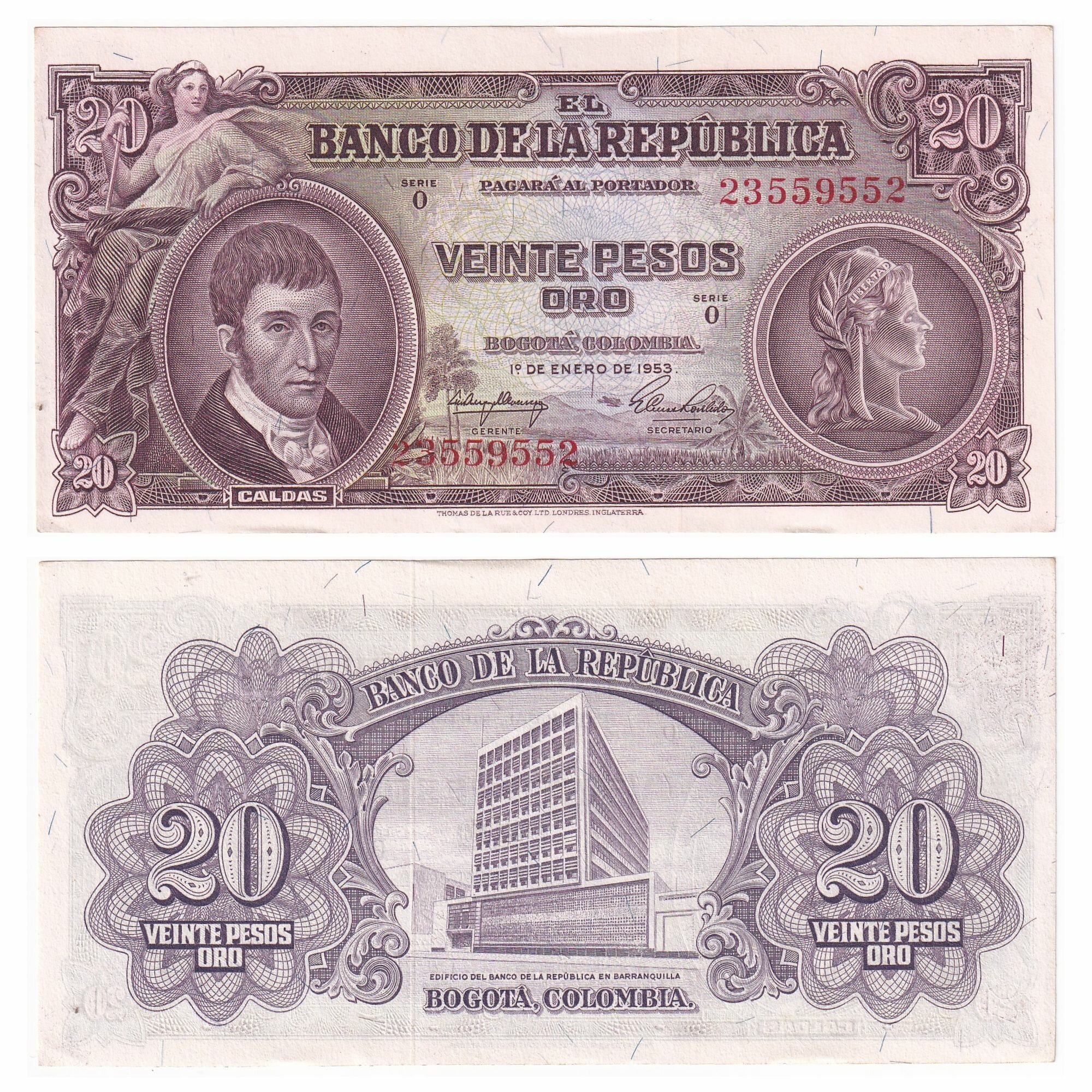 Банкнота Колумбия 20 песо 1953 год Extremely Fine (XF) Pick 401а