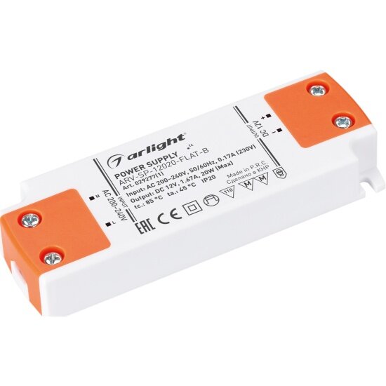 Блок питания Arlight ARV-SP-12020-FLAT-B (12V, 1.67A, 20W) (, IP20 Пластик, 5 лет)
