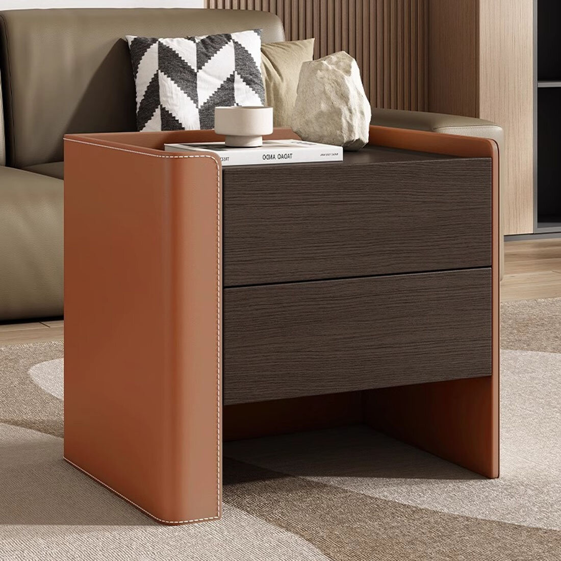 Прикроватная кожаная тумбочка Warren (левая, оранжевый)