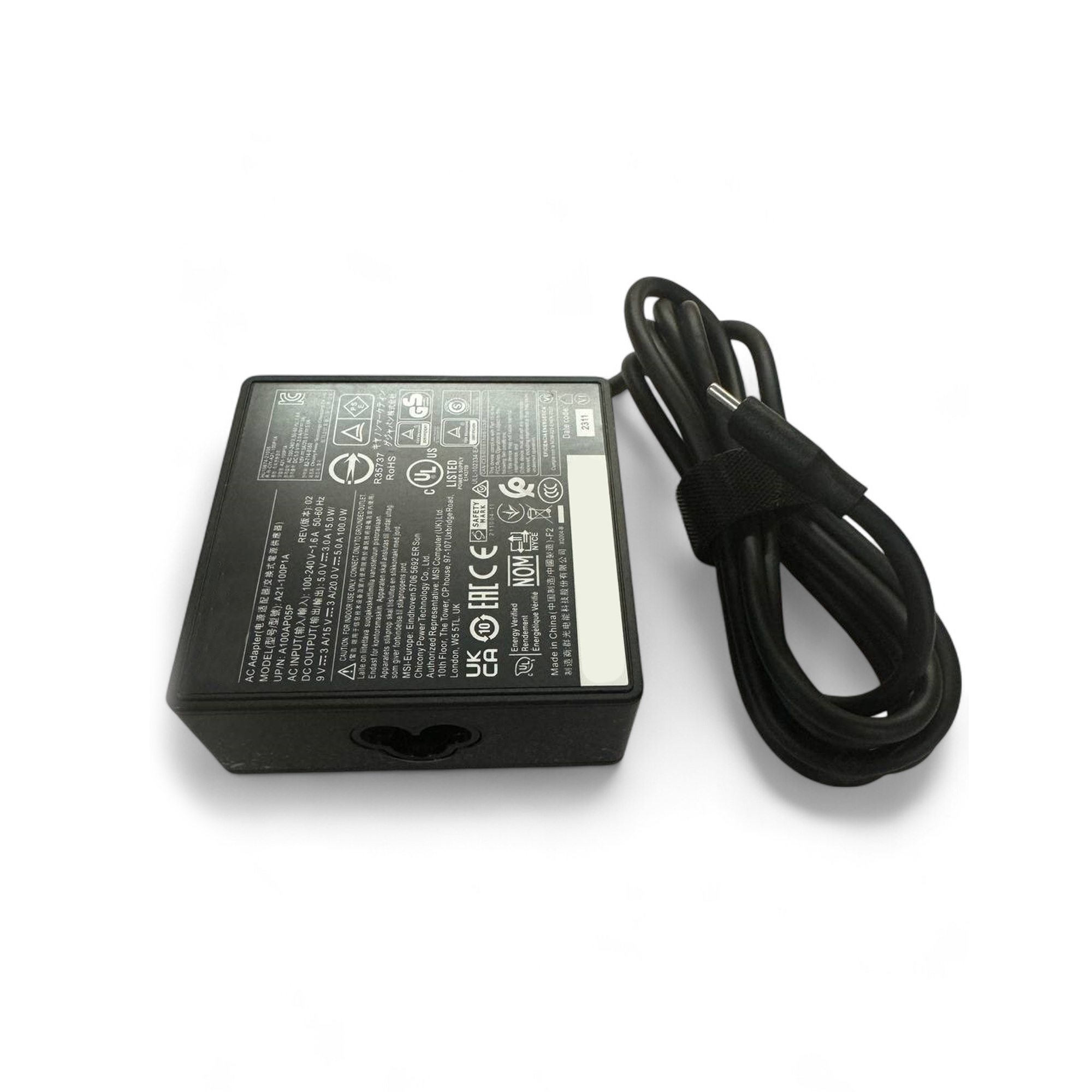 Блок питания (сетевой адаптер) для ноутбуков MSI20V 5A 100W Type-C (квадратный корпус) черный, с сетевым кабелем