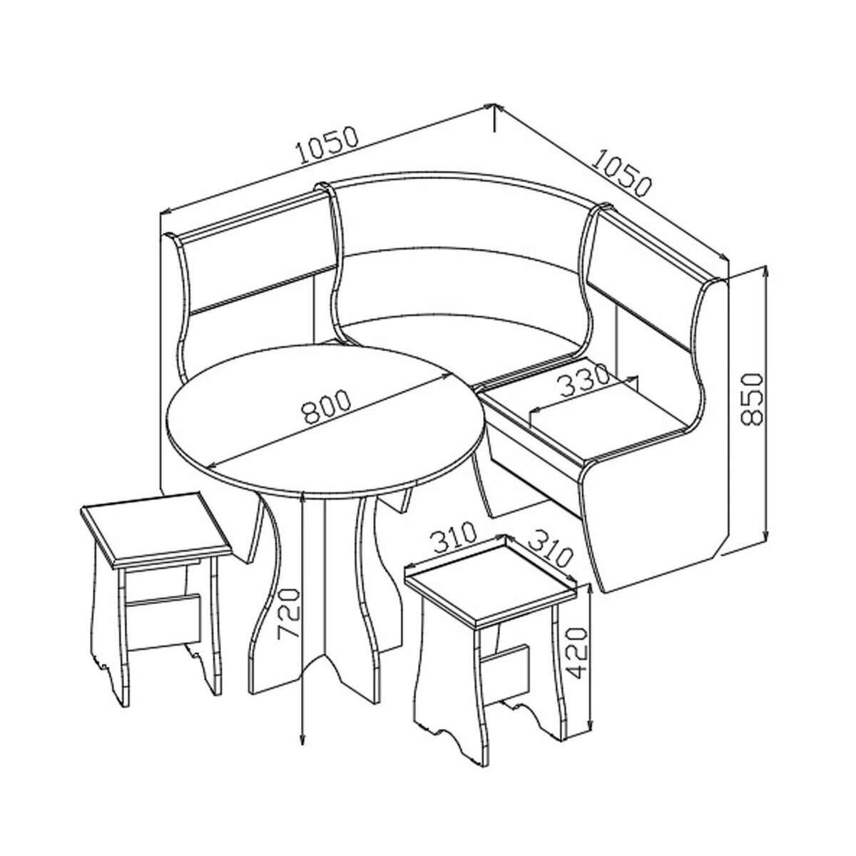 Кухонный уголок мини с диваном, табуретами и столом, материал экокожа