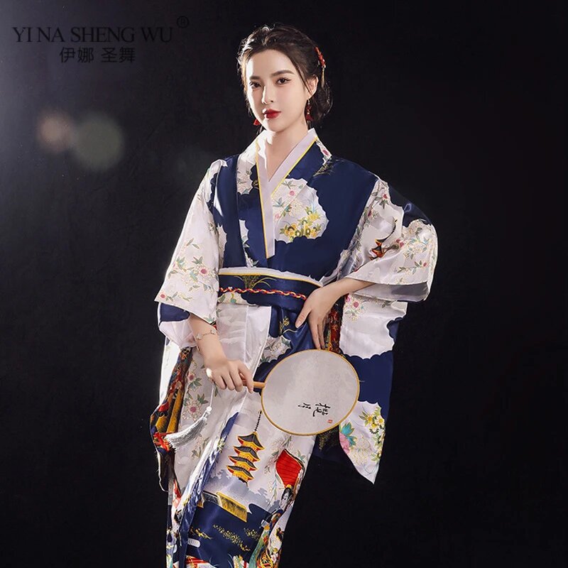 Женское атласное кимоно с поясом H0058-4 Navy blue