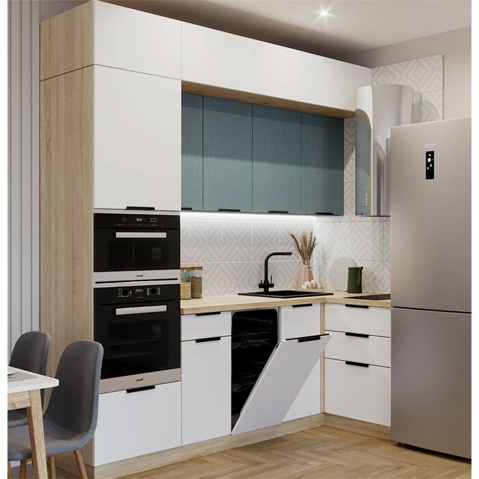 Кухонный гарнитур трехуровневый угловой 6, 2450×600×2500 мм, цвет тальк/роялвуд голубой