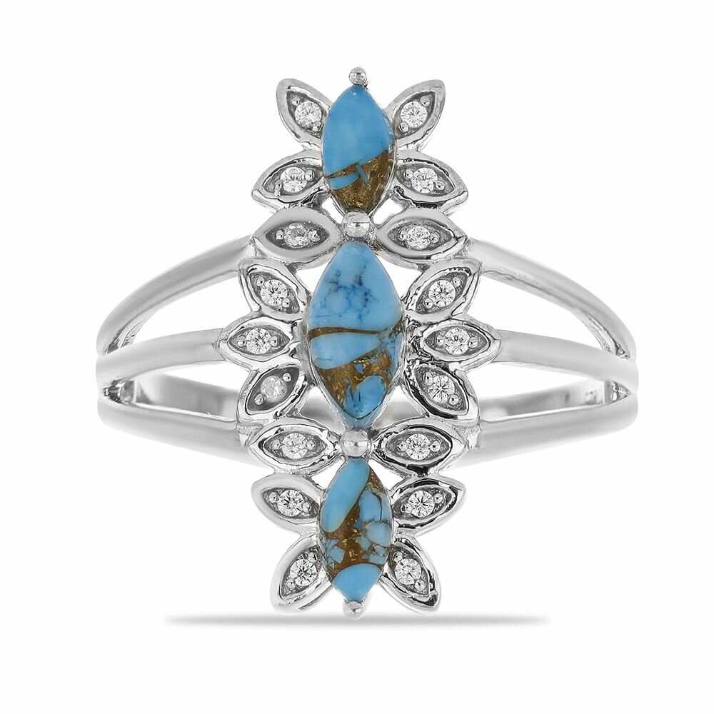 Кольцо, серебро, 925 проба, родирование, фианит, бирюза