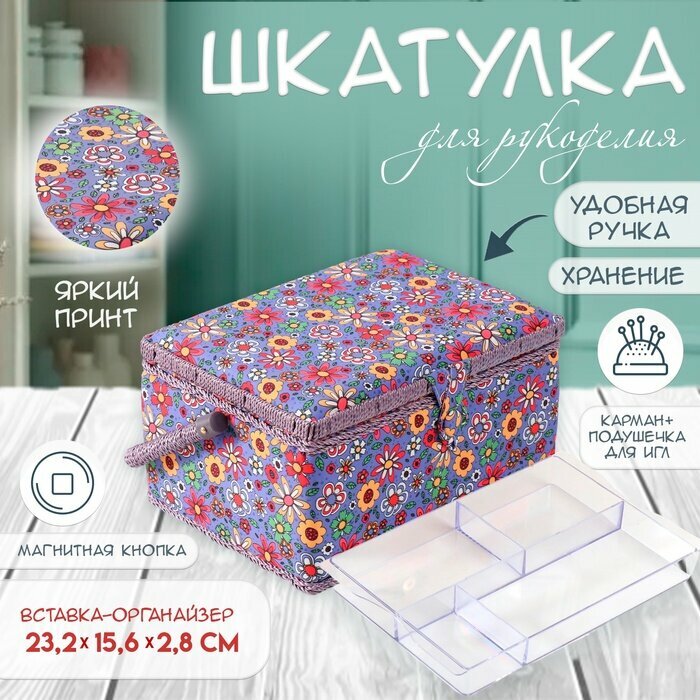 Шкатулка для рукоделия и шитья Нарисованные цветы на синем, хранение ниток, иголок, мелочи, 19×26×14.5 см
