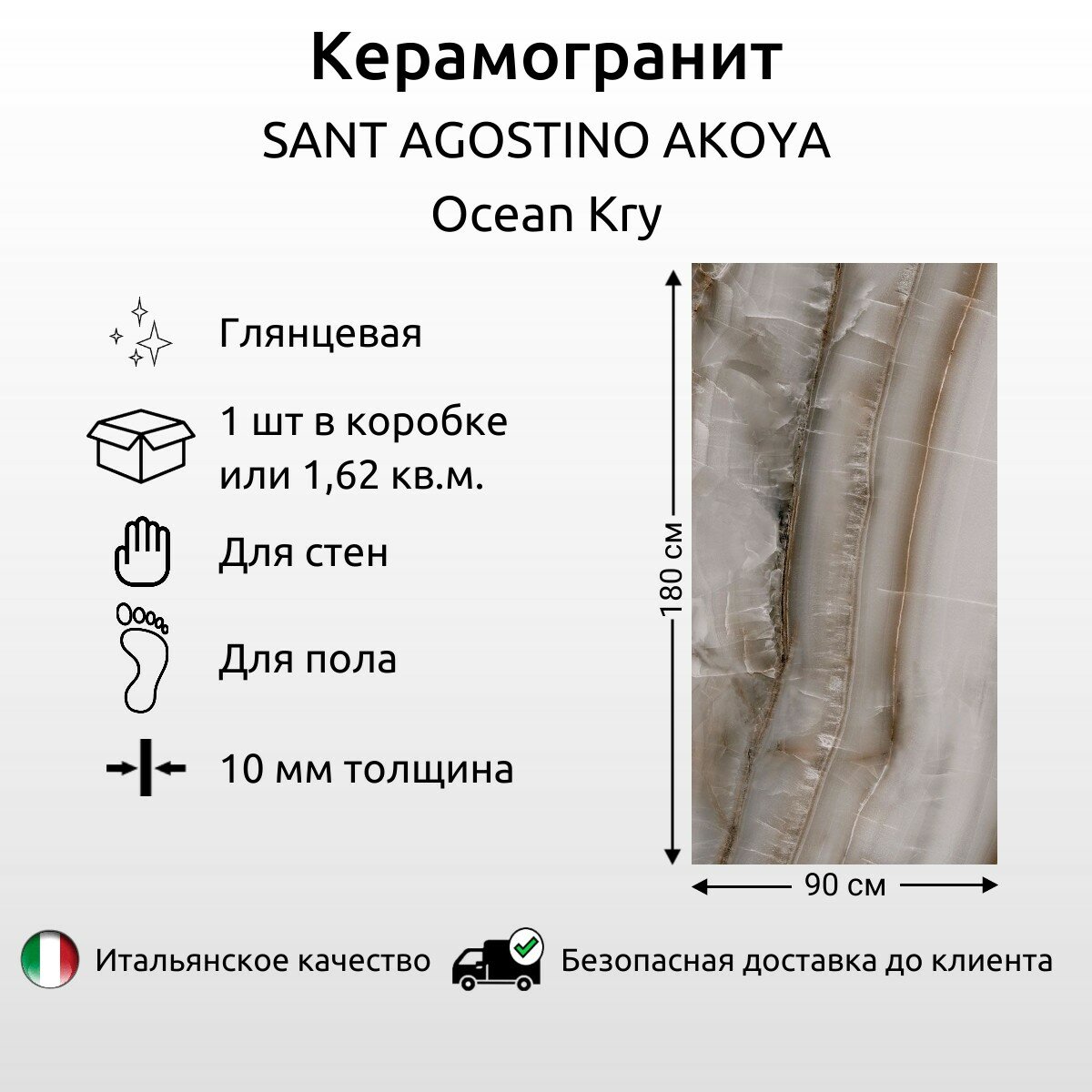 Керамогранит SANT AGOSTINO Akoya Ocean Kry 90x180 см, глянцевый, 1.62 кв. м (1 шт в упак)