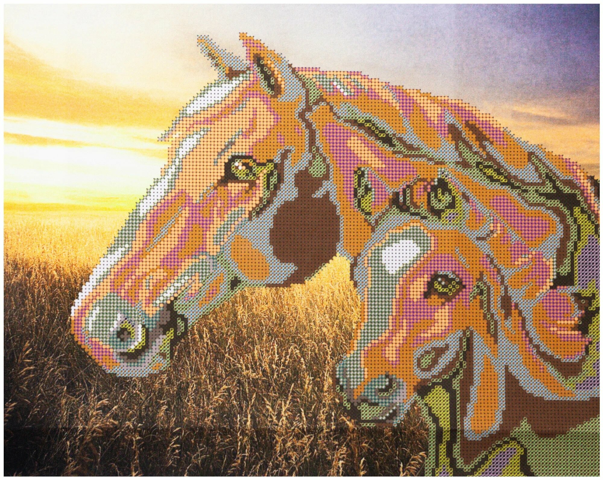 Канва/ткань с рисунком "М. П. Студия" для вышивания бисером №3 50 см х 40 см Г-018 "Лошади в поле"