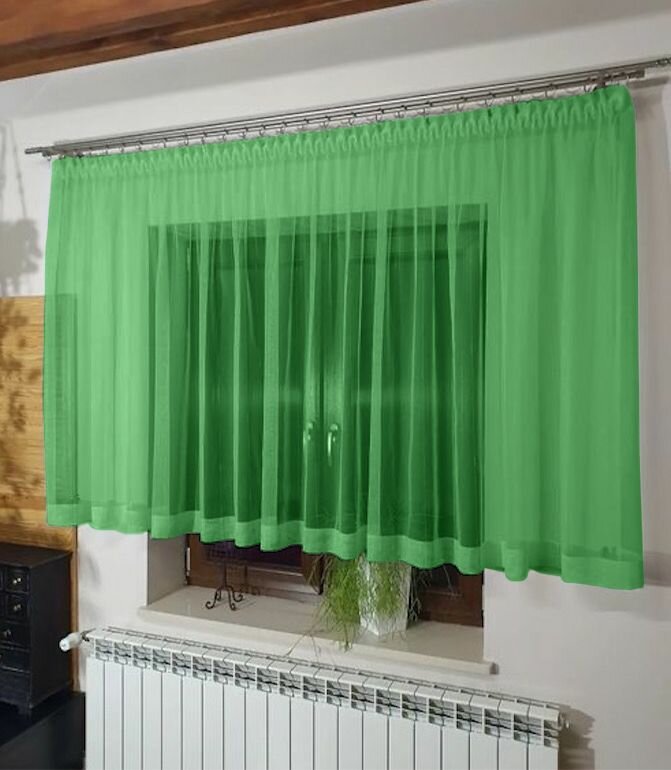 Короткий тюль для кухни одним полотном на ленте под крючки арт. ТК-774 высота 160 см цвет зеленый