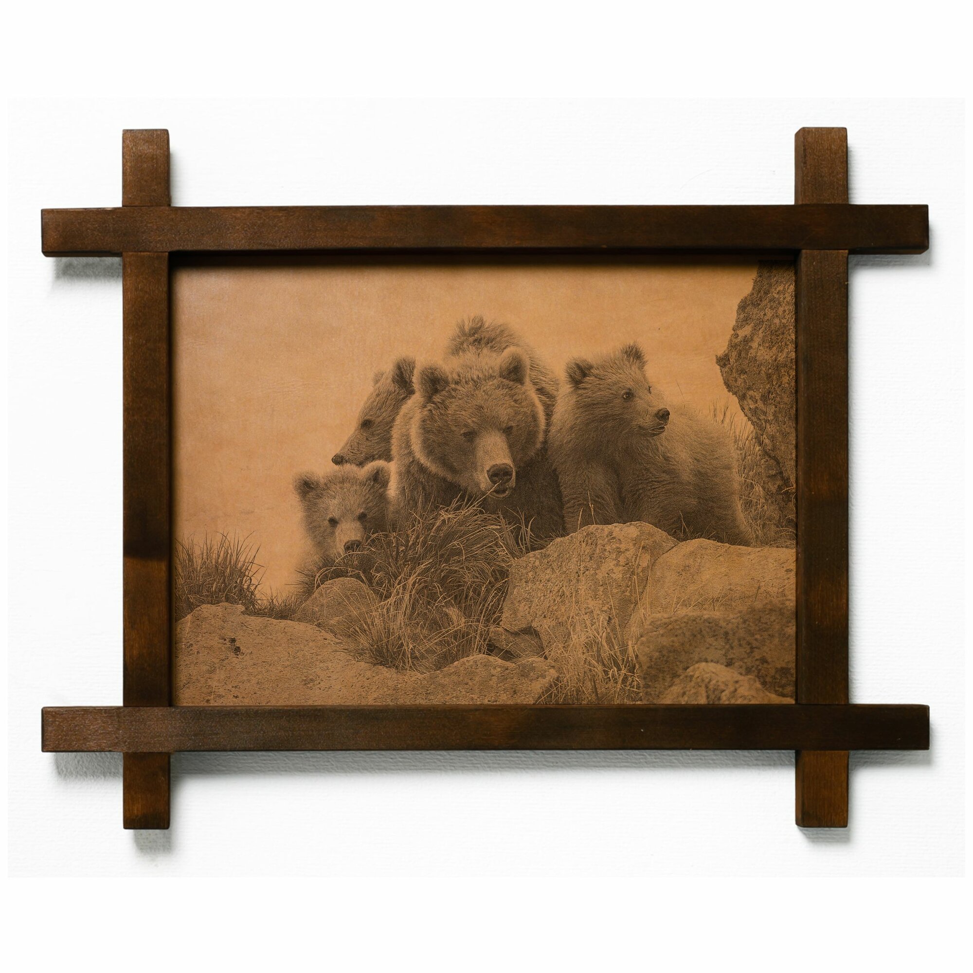 Интерьерная картина из натуральной кожи "Медведица и три медвежонка", декоративное настенное панно в деревянной раме, BoomGift