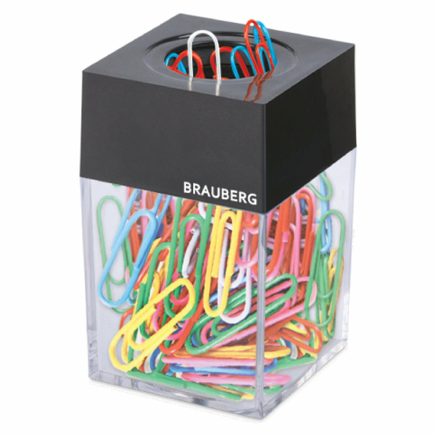Скрепочница магнитная Brauberg 100 цветных скрепок 28 мм, прозрачный корпус, черная крышка (228401)