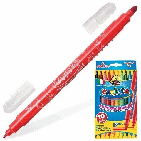 Фломастеры Carioca двухсторонние "Birello", 10 цветов, 2 пишущих узла 2,5 и 5 мм, супер смываемые (41438)