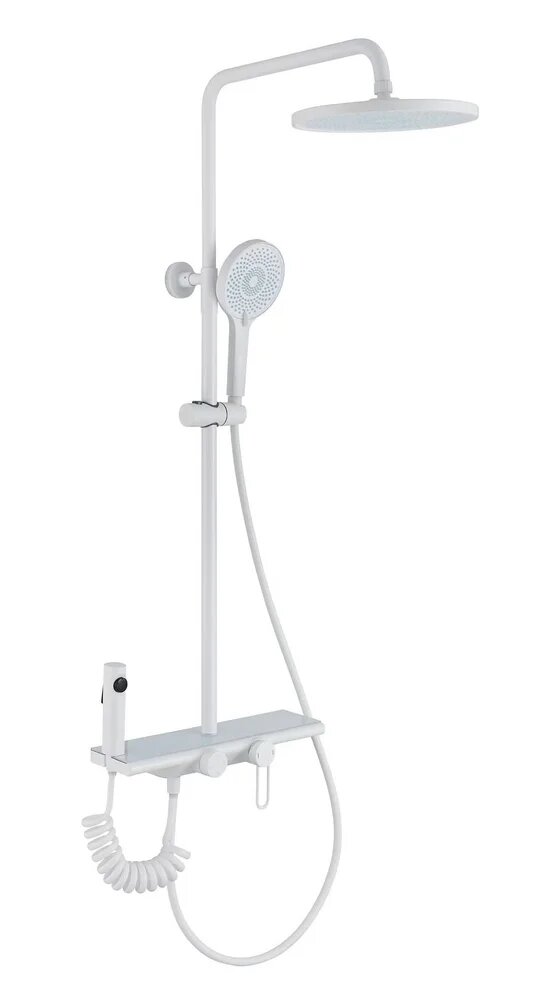 Душевая стойка Olive'S Kabrera 37294KBW со смесителем, белая, матовая, с тропическим душем, с изливом, с девиатором, с лейкой, душевая система, латунная, рычаг сбоку