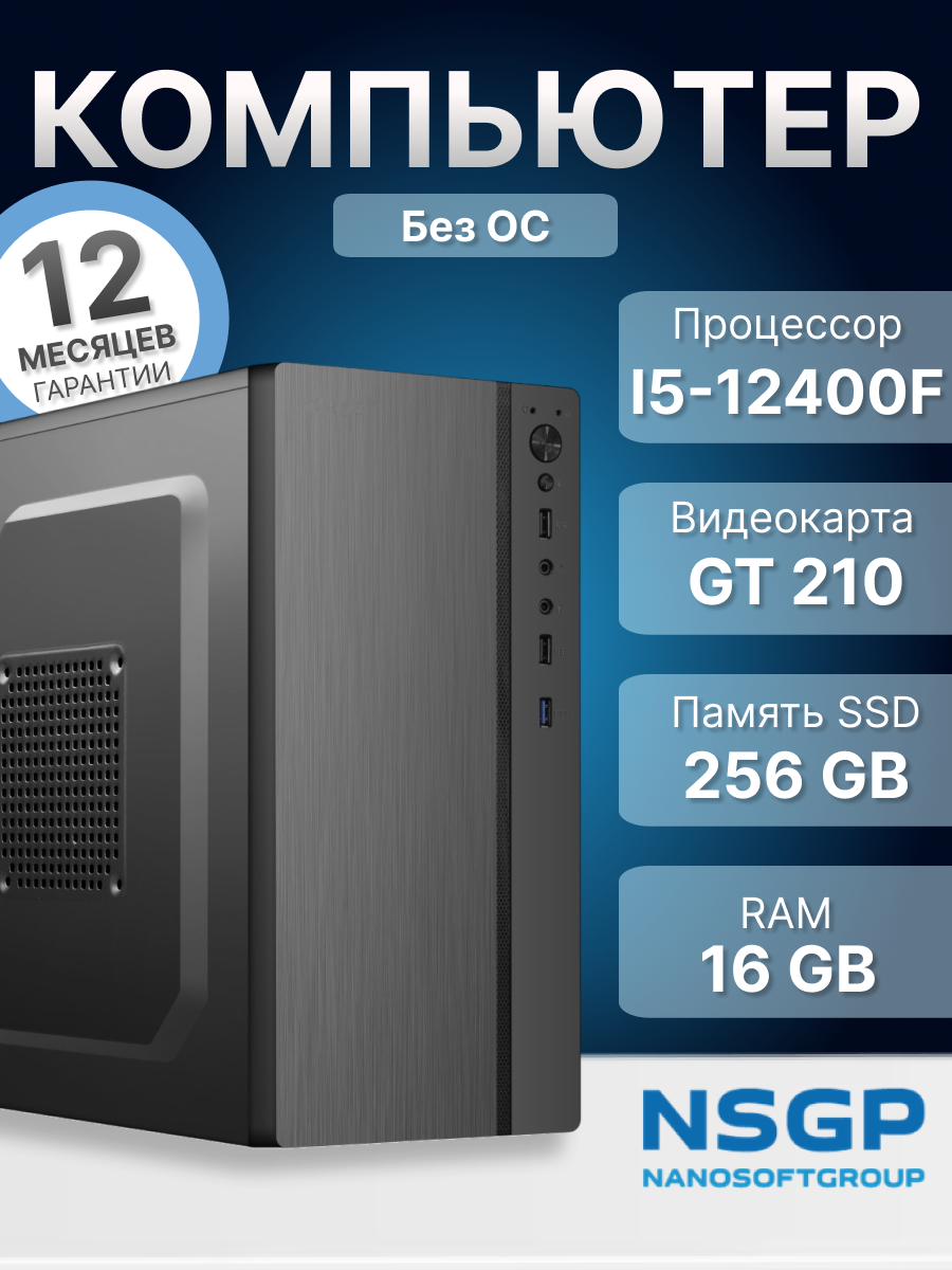 Системный блок (Intel Core i5-12400F, RAM 16 гб, SSD 256 гб, NVIDIA GeForce GT 210 (1 гб), без ос), черный