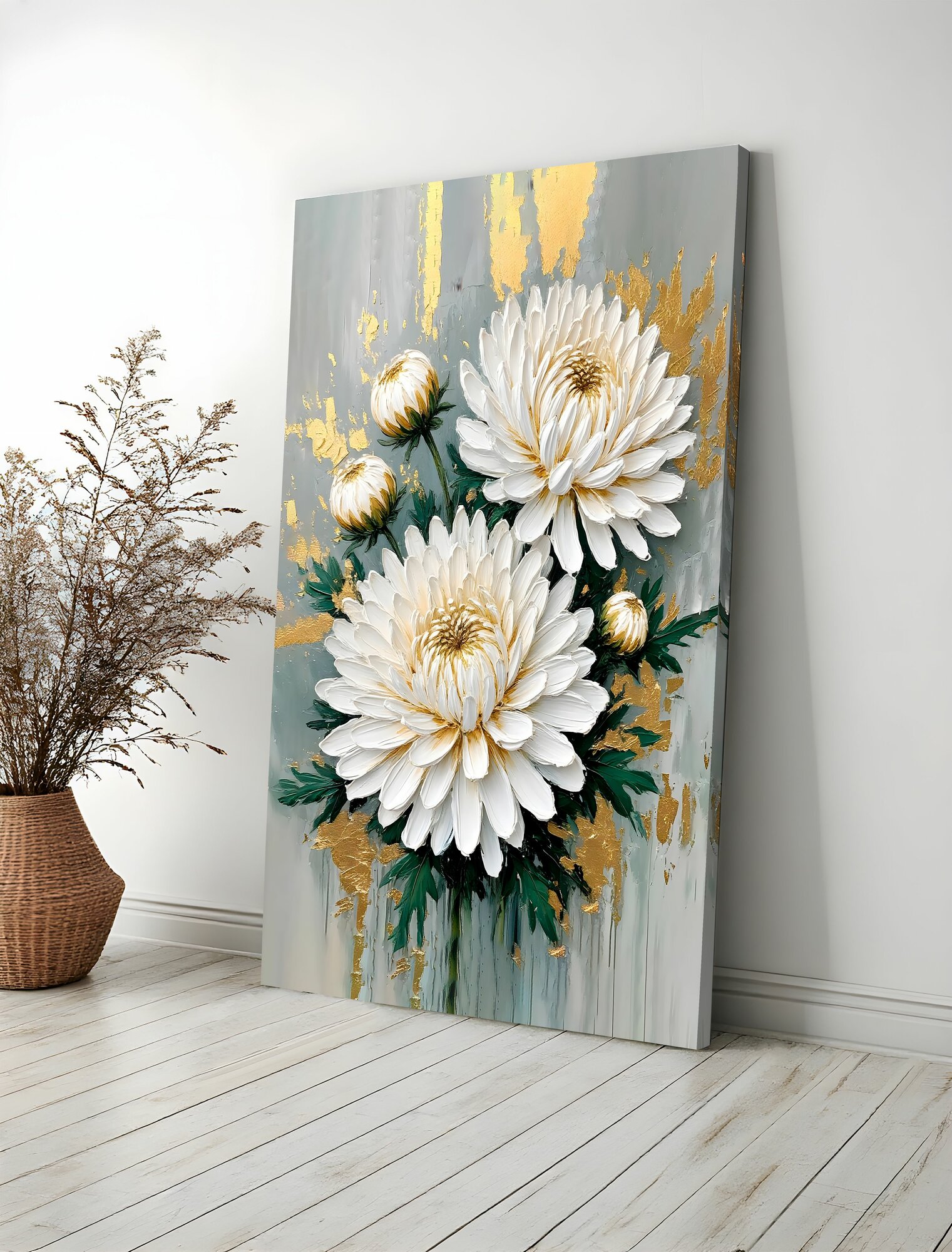 Картина модульная на стену "Белые Хризантемы" 50 сантиметров х 70 сантиметров