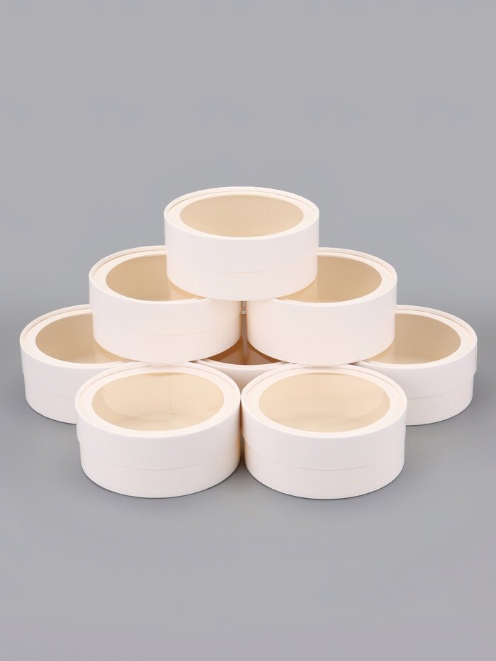 Набор круглых подарочных коробок с окном, завальцованные, белые, набор 8 шт, 15×6 см