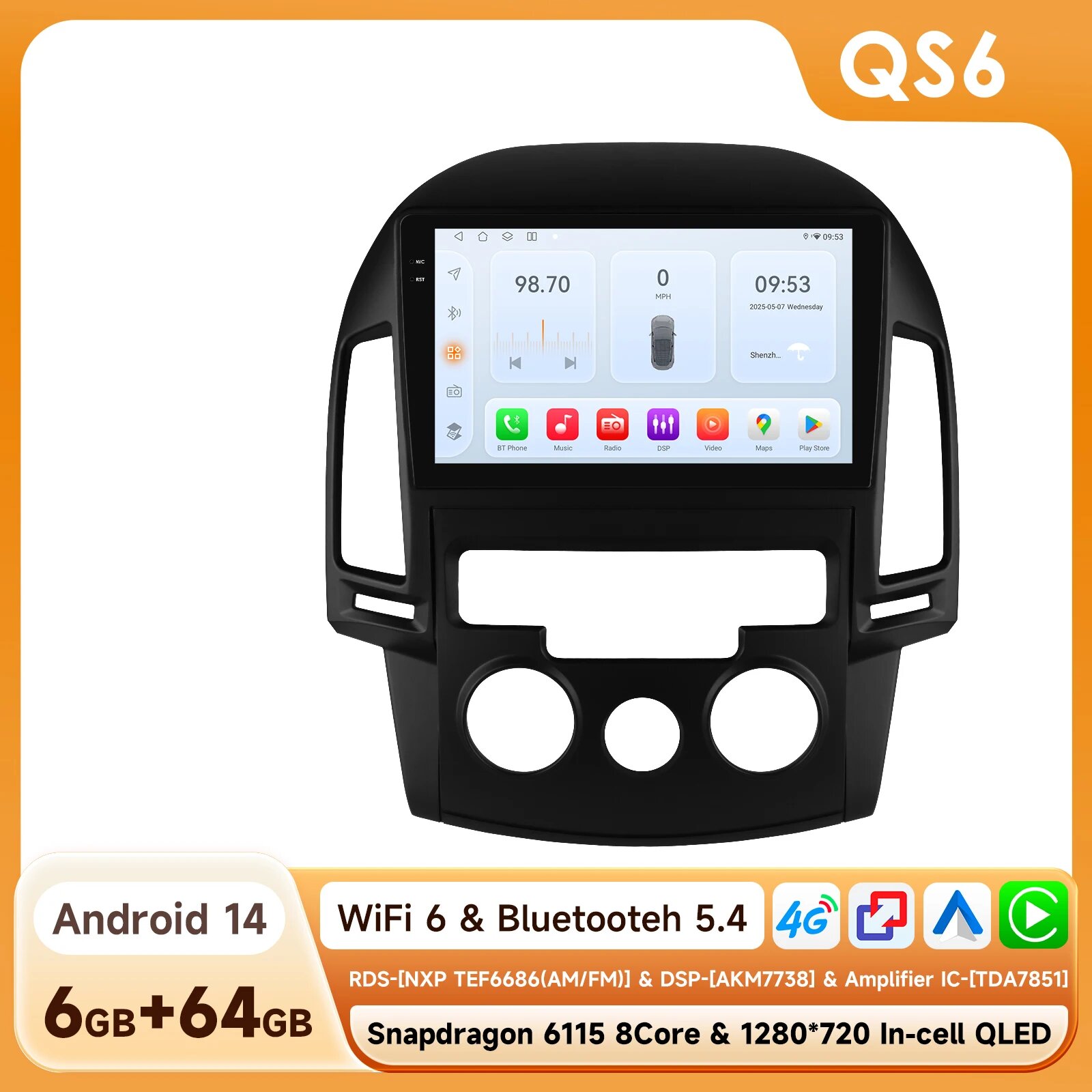 Hizpo Octa Core 6115 для Hyundai I30 2006-2011, автомобильный радиоприемник, мультимедийный плеер, система навигатора, GPS, авто стерео 2din, Android Carplay, QS6-6G 64G-8core-4GA