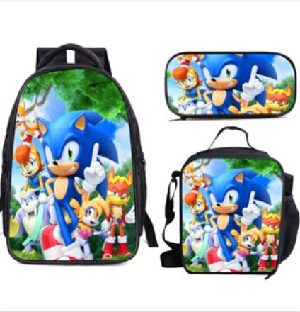 Трансграничная популярная школьная сумка SONIC Sonic, набор из трех предметов, рюкзак с аниме-мультфильмом, сумка через плечо, пенал