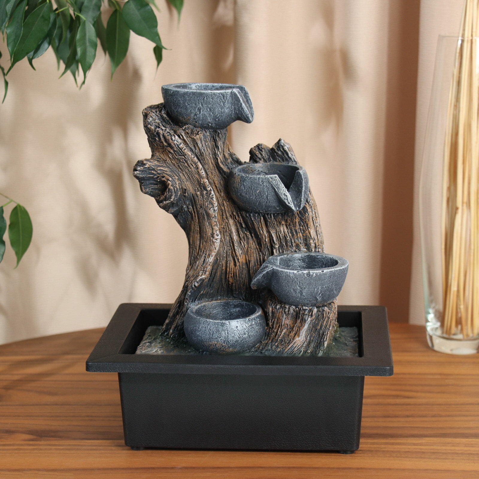 Фонтан настольный "Каменные кадки на дереве", 27x23 см, с подсветкой, без шарика