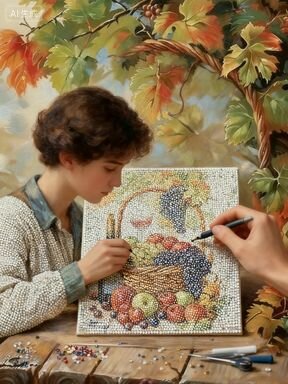 Алмазная картина , 30x40 см. Набор для творчества с вином и фруктами.