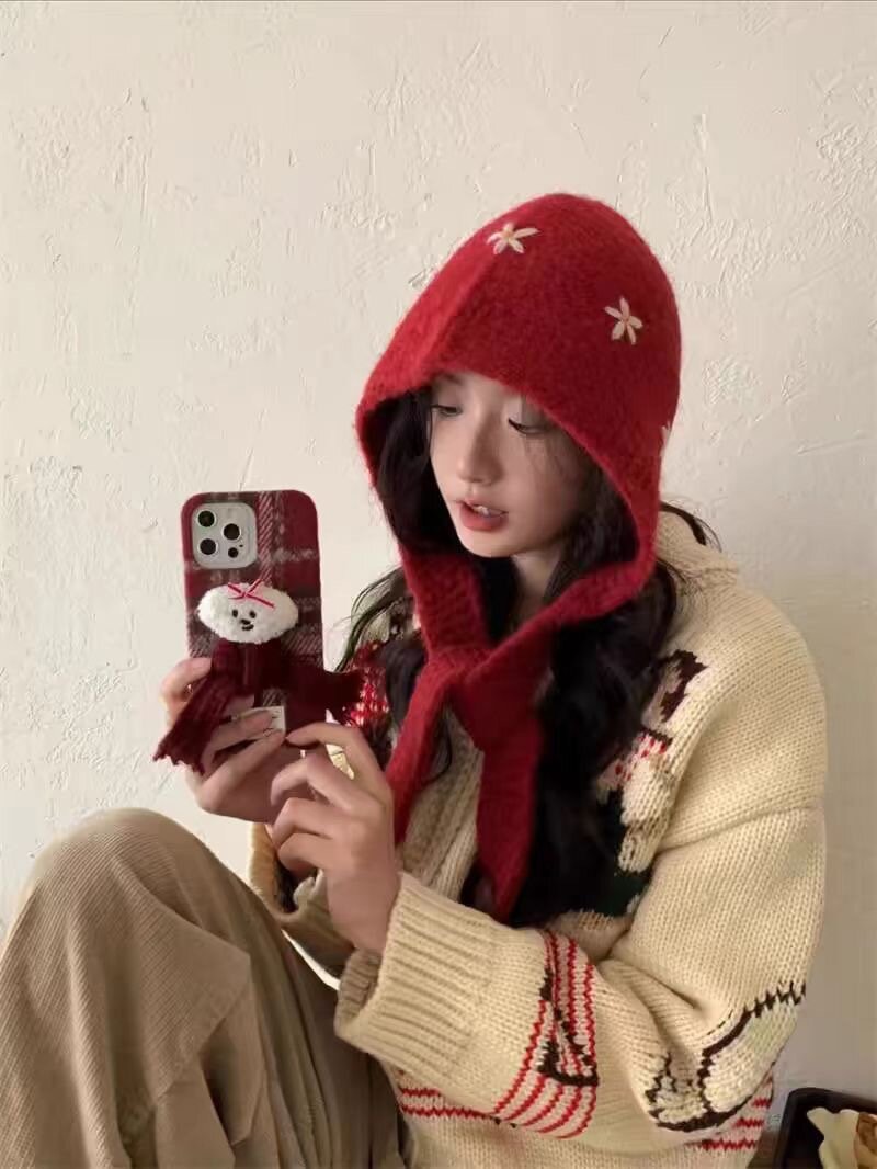 Балаклава красная шапка Баотоу теплая ветронепроницаемая защитная шапка для ушей шарф встроенный маленький цветок вязаная шерстяная шапка