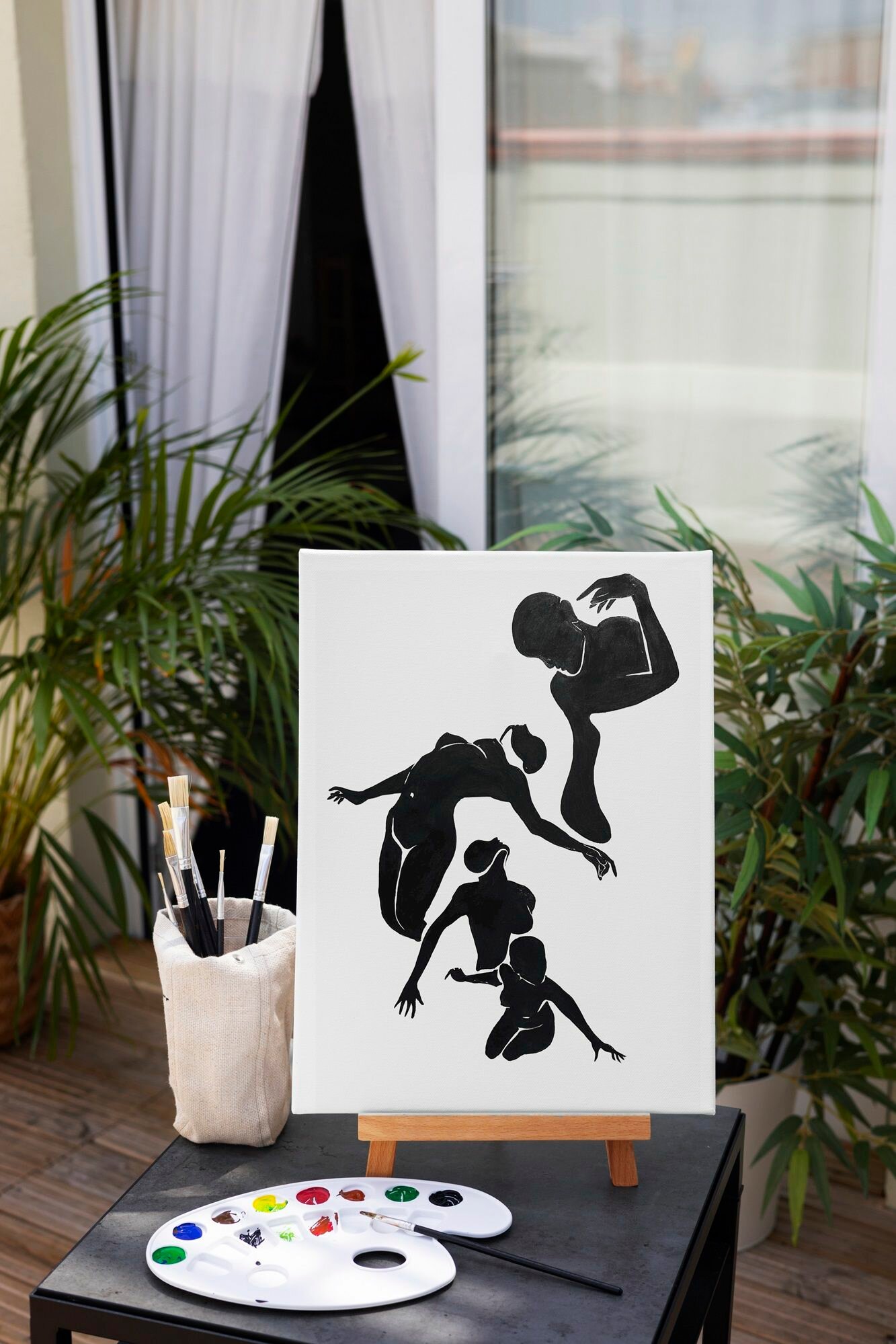 Картина "Девушки в белом танцуют", интерьерная, акрил, бумага, белая/чёрная