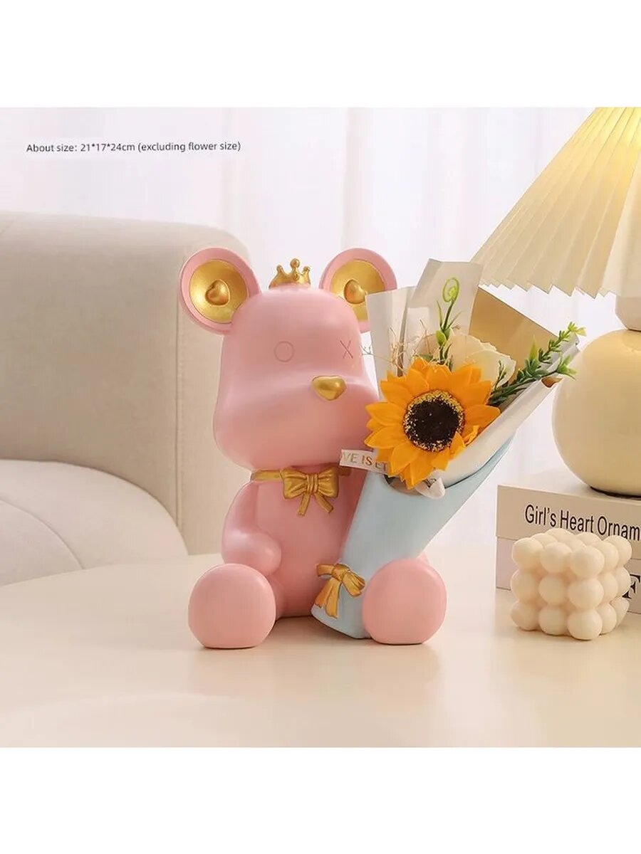 Скандинавский медведь-букет розовый, большой, подсолнухи