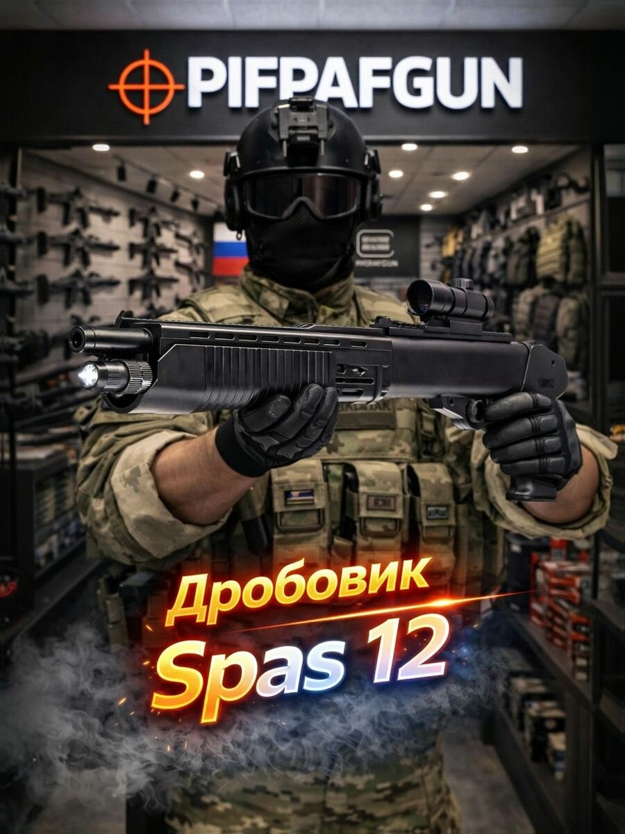 Игрушечный дробовик SPAS-12 пружинный 6 мм с лазерным прицелом ручной взвод (помпа), верхняя засыпка, ёмкость 20, до 30-40 м/с, 7+