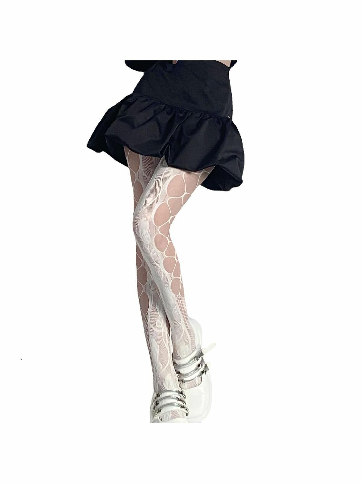 Женские черные колготки с готическим узором, Белый