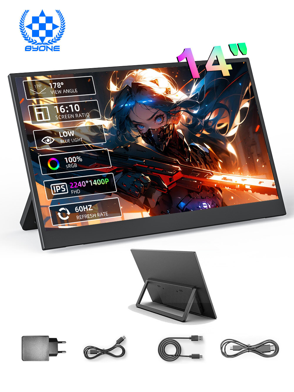 Byone Портативный монитор BYONE , 14", 2240*1400, IPS, USB-порт HDIM