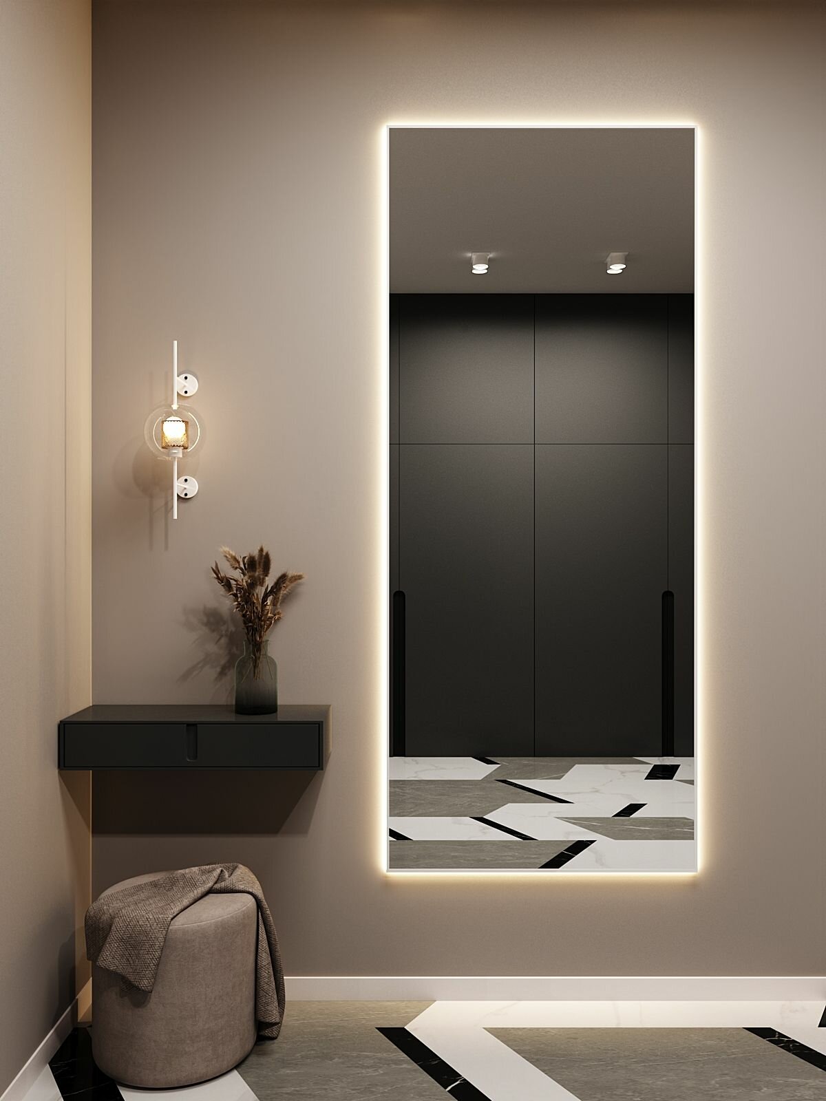 Зеркало настенное 210х80 см. белое с подсветкой. Свет: Теплый белый 3000К. В алюминиевой раме интерьерное BLX MIRROR