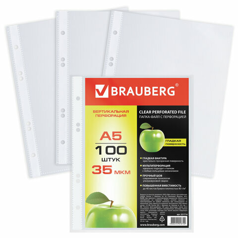 Папки-файлы малого формата (148х210 мм), А5, вертикальные, комплект 100 шт, 35 мкм, BRAUBERG, 221714