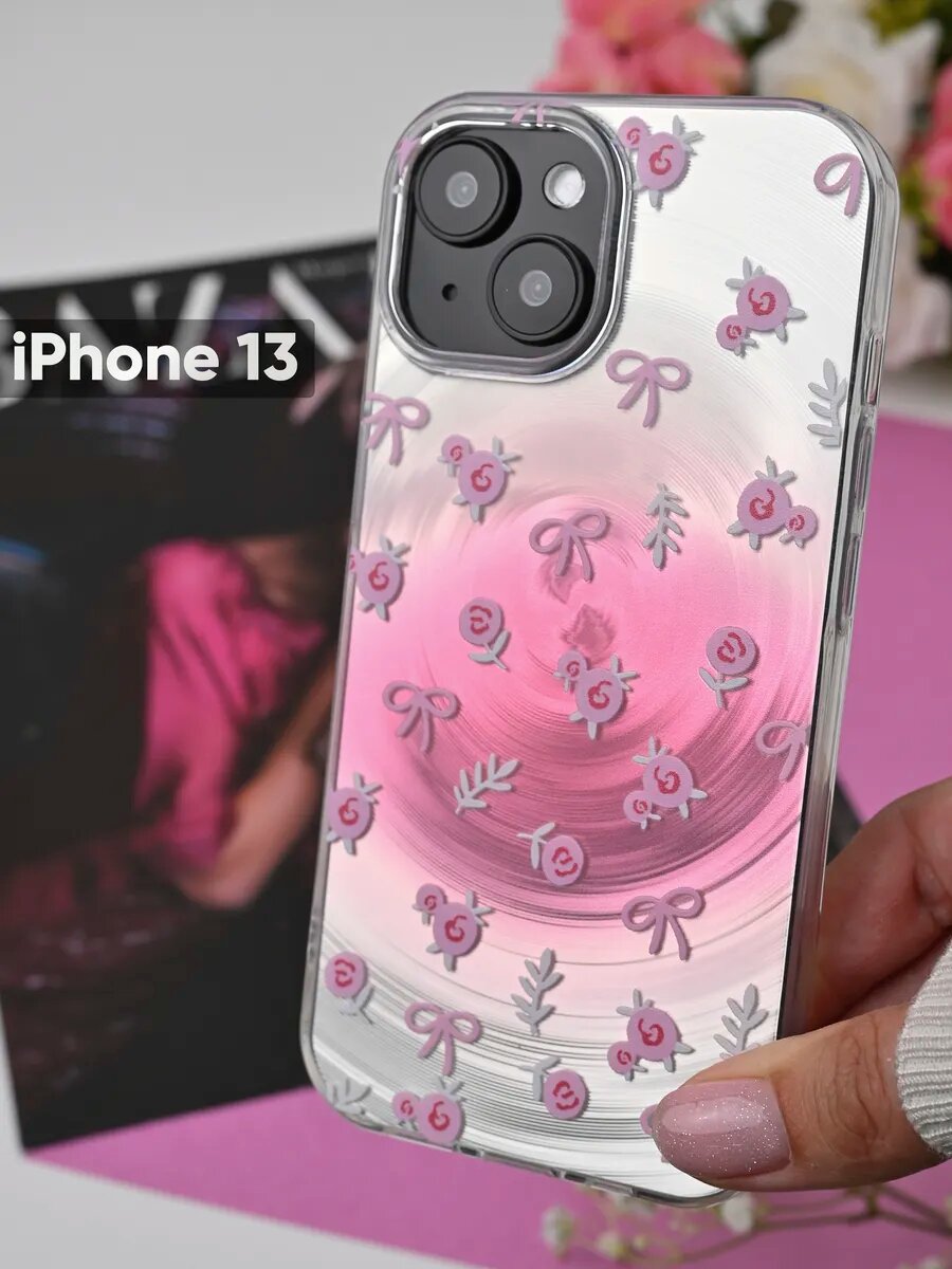 Чехол на iPhone 13 с принтом розовый с бантиками глянцевый бампер накладка защитная