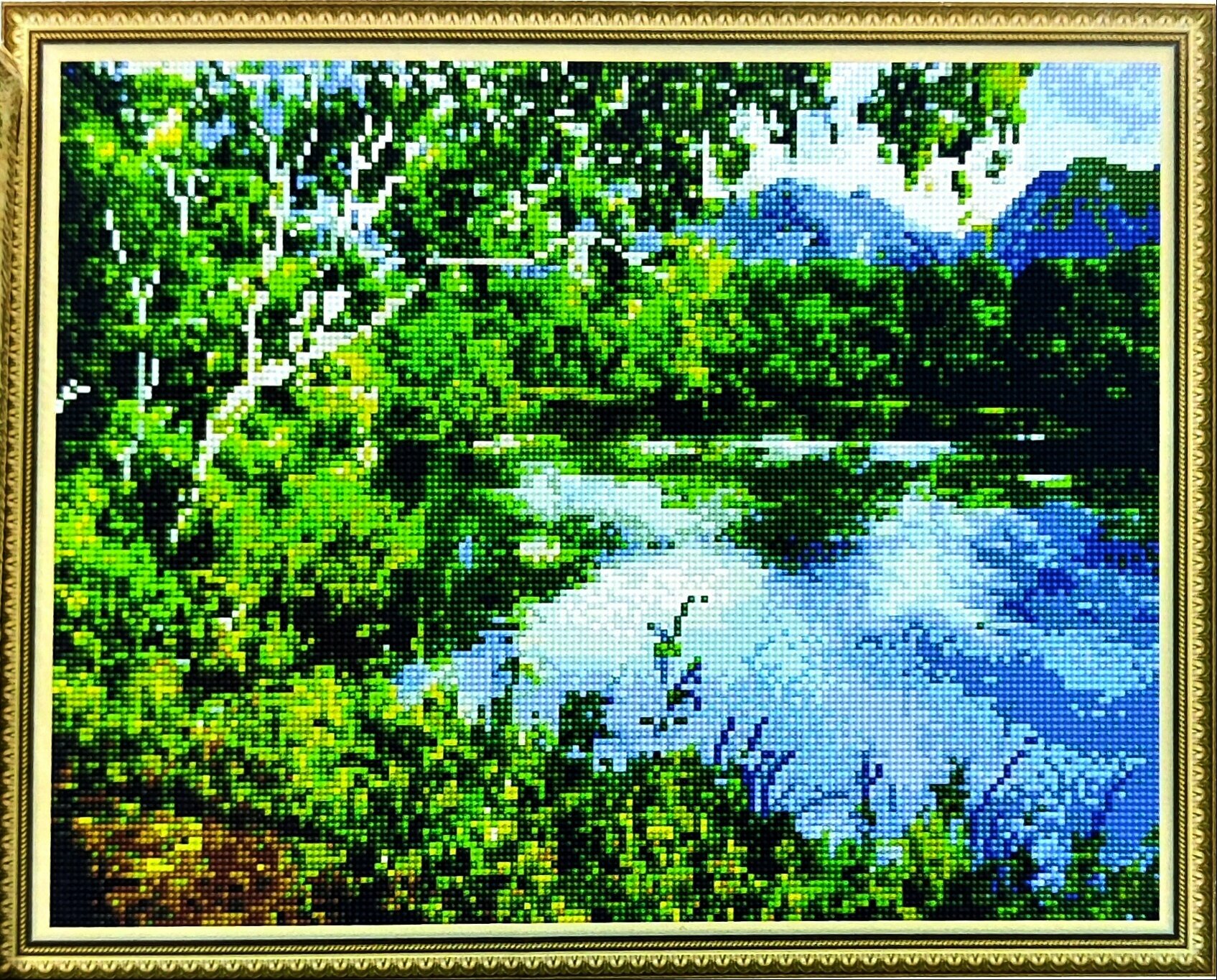 Алмазная мозаика 40x50см круглые стразы полная выкладка на подрамнике, цветы, природа, пейзаж , горы, лес, речка, озеро,