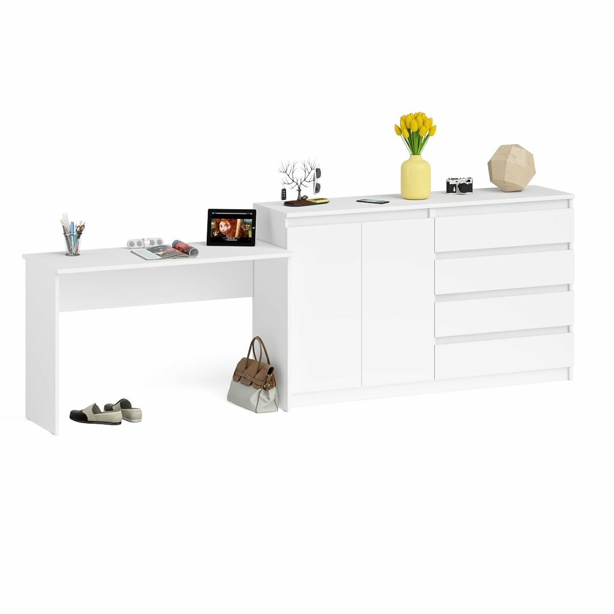 Тумба-комод СВК Мори 11600.1 с письменным столом цвет белый, 280,8х50х94 см.