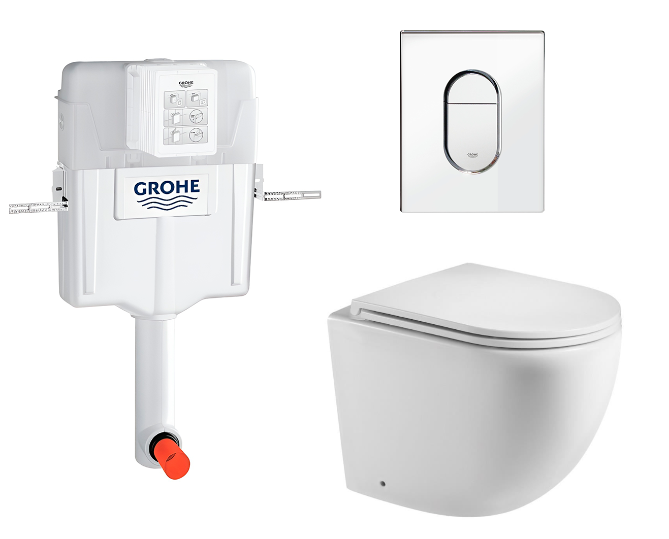 Комплект 3 в 1 смывной бачок скрытого монтажа Grohe GD2 + Унитаз приставной WeltWasser Merzbach 002 GL-WT + Кнопка Arena Cosmopolitan хром