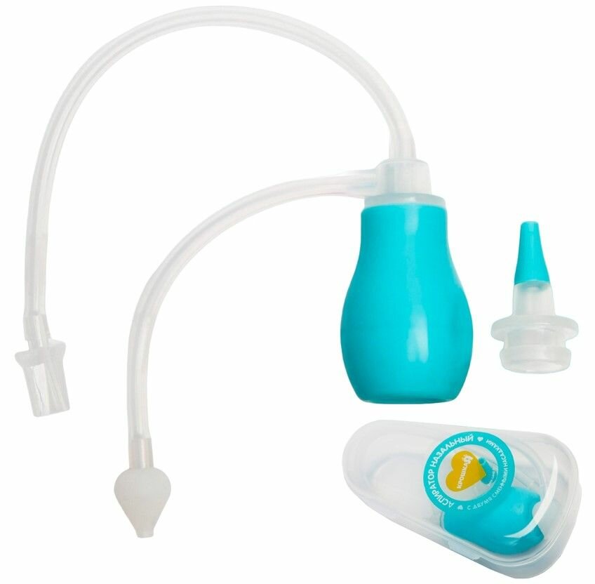 Детский назальный аспиратор с 2-мя сменными насадками, соплеотсос груша для новорожденных с отводной трубкой, облегчает дыхание малыша, в контейнере, цвет голубой