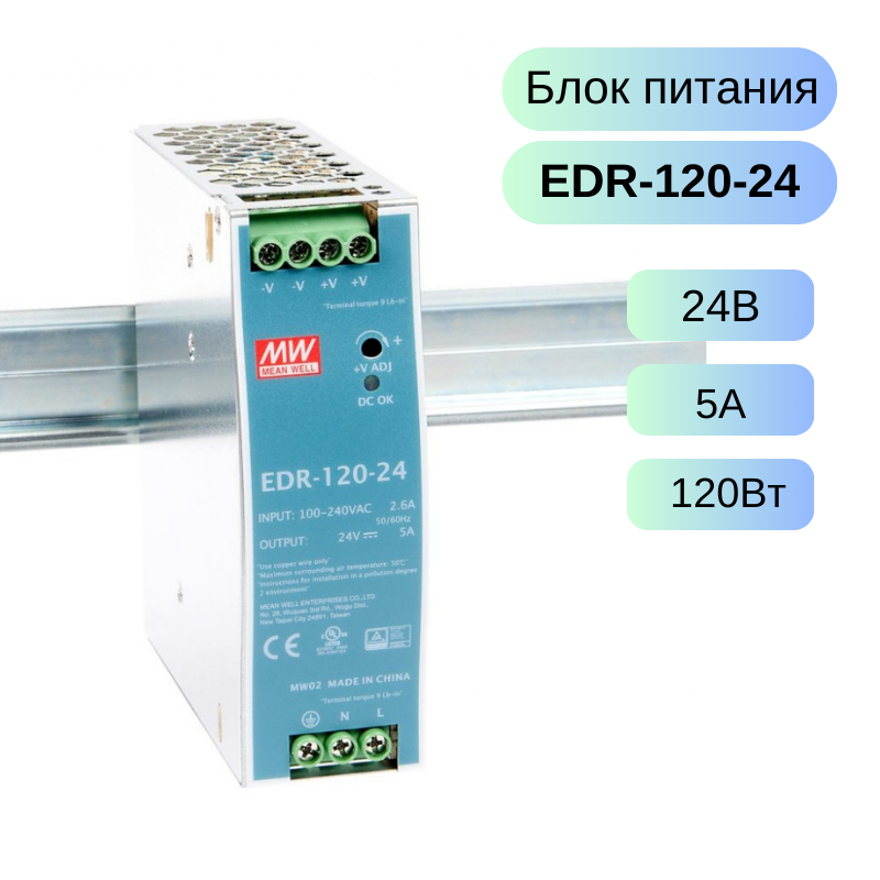 EDR-120-24 MEAN WELL Источник питания AC-DC, 24В, 5А, 120Вт