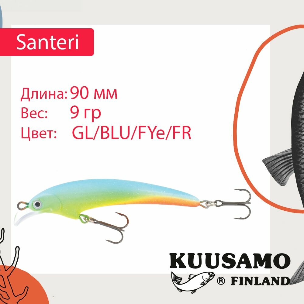 Воблер для рыбалки Kuusamo Santeri 90mm 9г цв. GL/BLU/FYe/FR, UV
