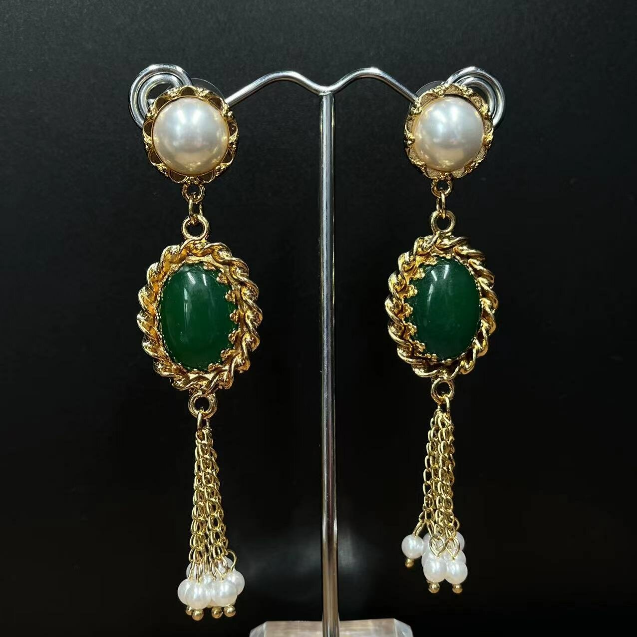 Серьги с подвесками, халцедон, жемчуг имитация