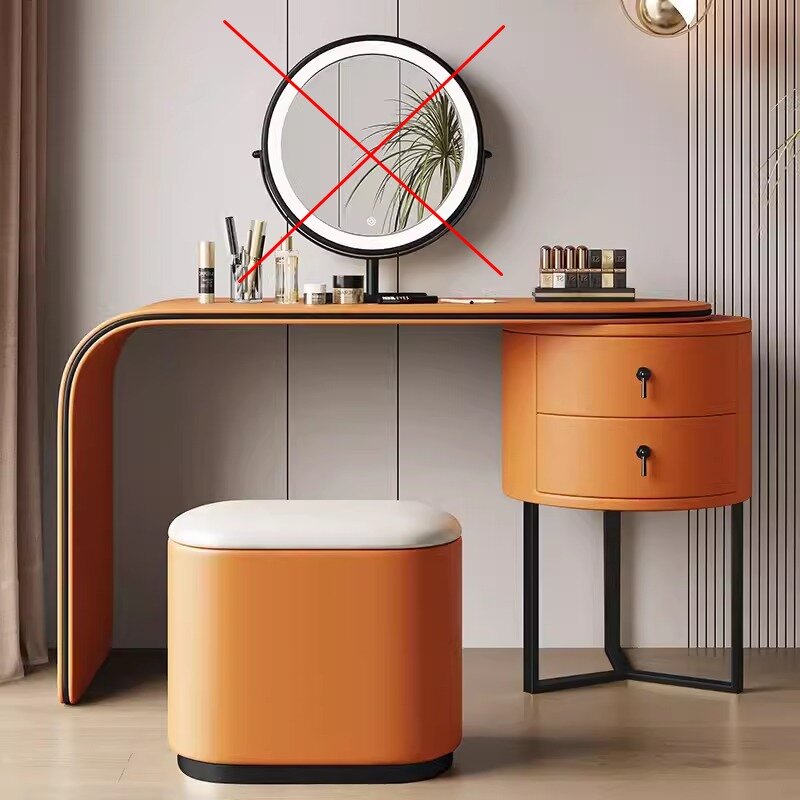 Элегантный туалетный столик 80 см покрытый кожей с круглой тумбой и изогнутой столешницей - черный металл (оранжевый столик + пуф без зеркала)