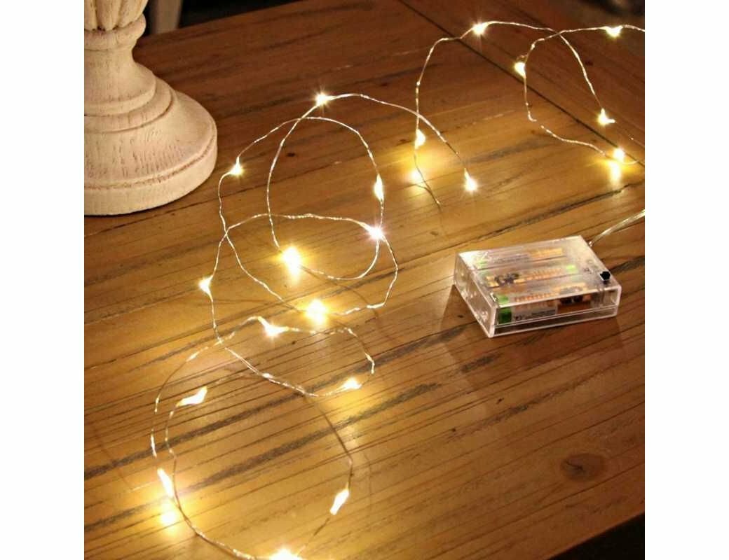 Гирлянда светлячки мерцающие, 20 тёплых белых mini LED-огней, 100+10 см, серебристый провод, батарейки, Koopman International AX8702400
