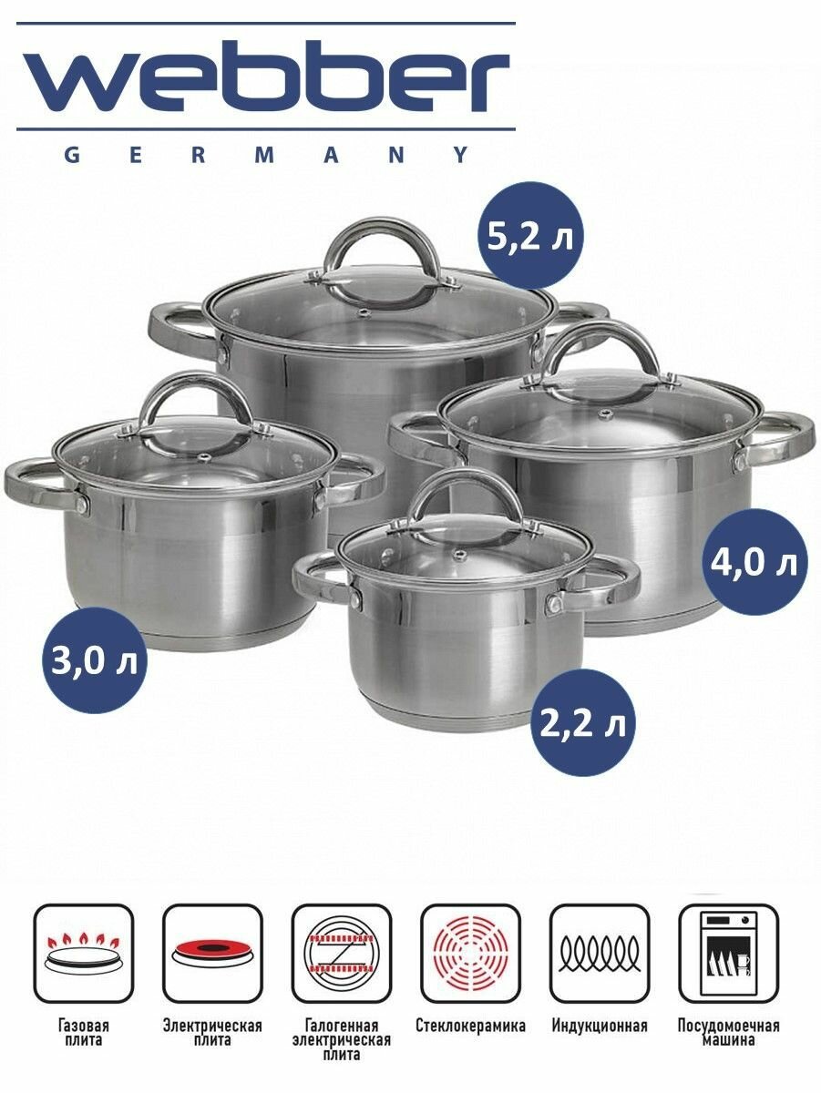 Набор кастрюль Webber BE-630/8 из нержавеющий стали с крышками, 8 предметов