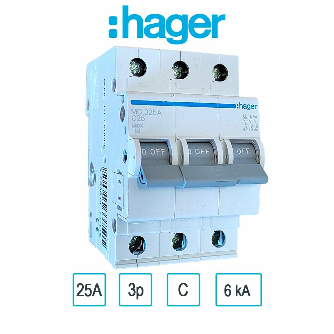 Автоматический выключатель, 25А, 3P, C, 6 kA, Hager, MC325A