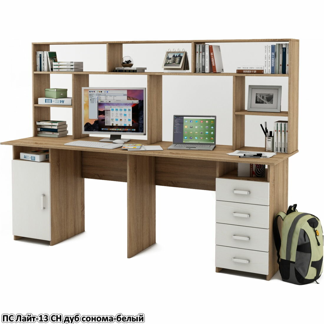 Письменный стол Лайт-13 с надстройкой Дуб-сонома/Белый, ЛДСП, МФ Владимир VMF, 208,4х149,2х60 см.