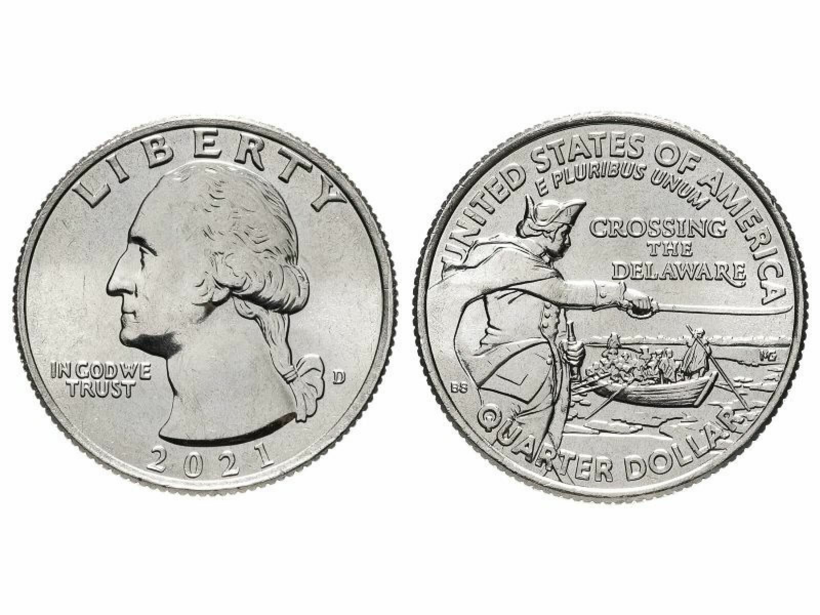 Монета квотер США 2021 г. Джордж Вашингтон. Переправа через реку Делавэр D