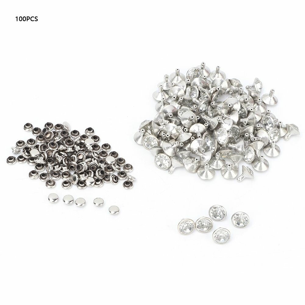 100 шт. металлические заклепки 10 мм (серебро, белый кристалл)